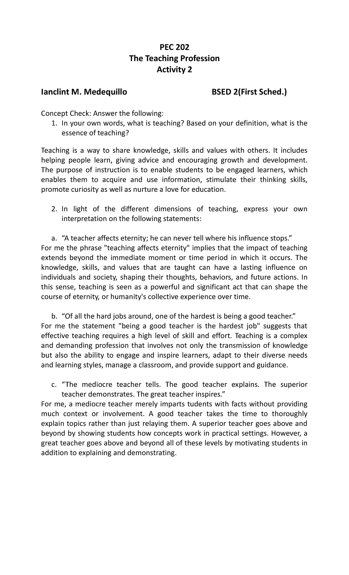 Activity 2 - PEC 202 The Teaching Profession Activity 2 Ianclint M ...