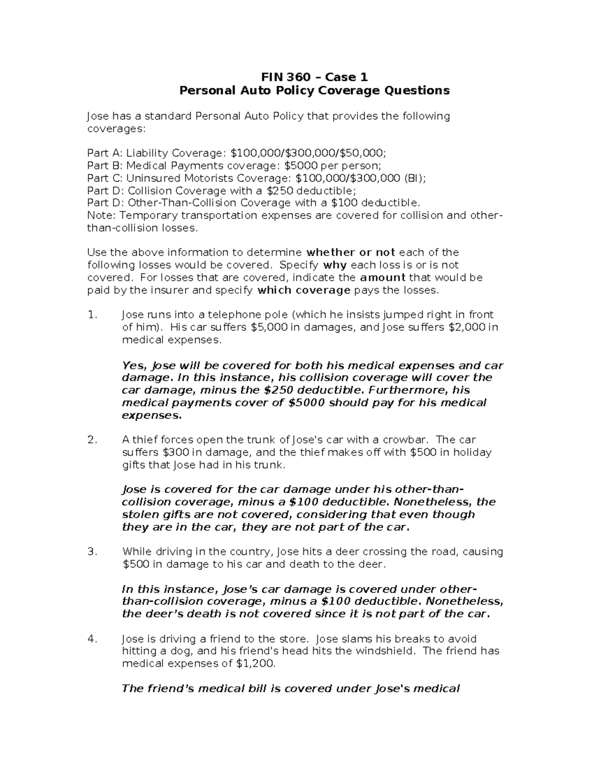 Case 1 auto policy exercises with answers - FIN 360 – Case 1 Personal ...