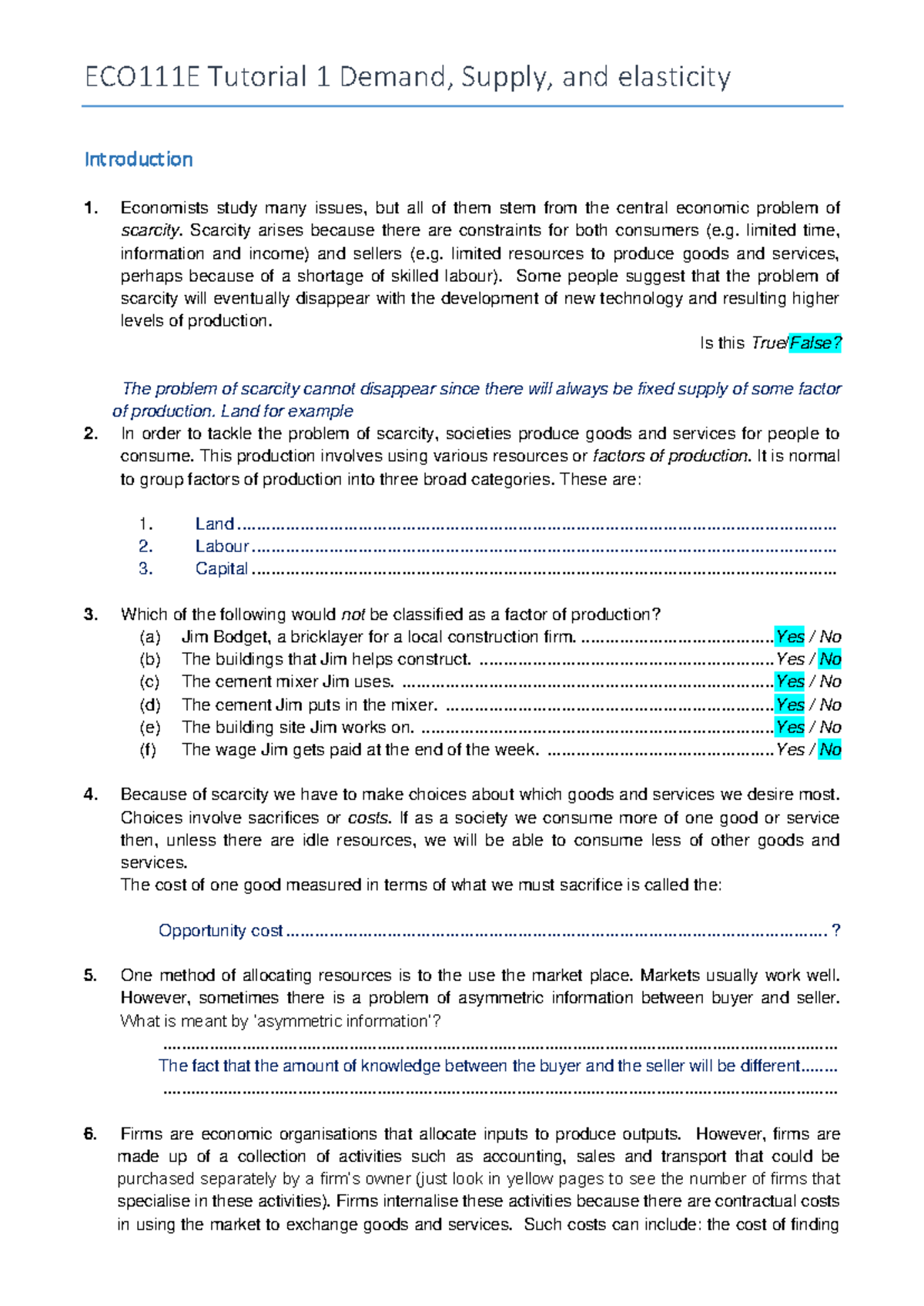 Answers Tutorial 1 demand and elascticity answers - ECO111E Tutorial 1 ...