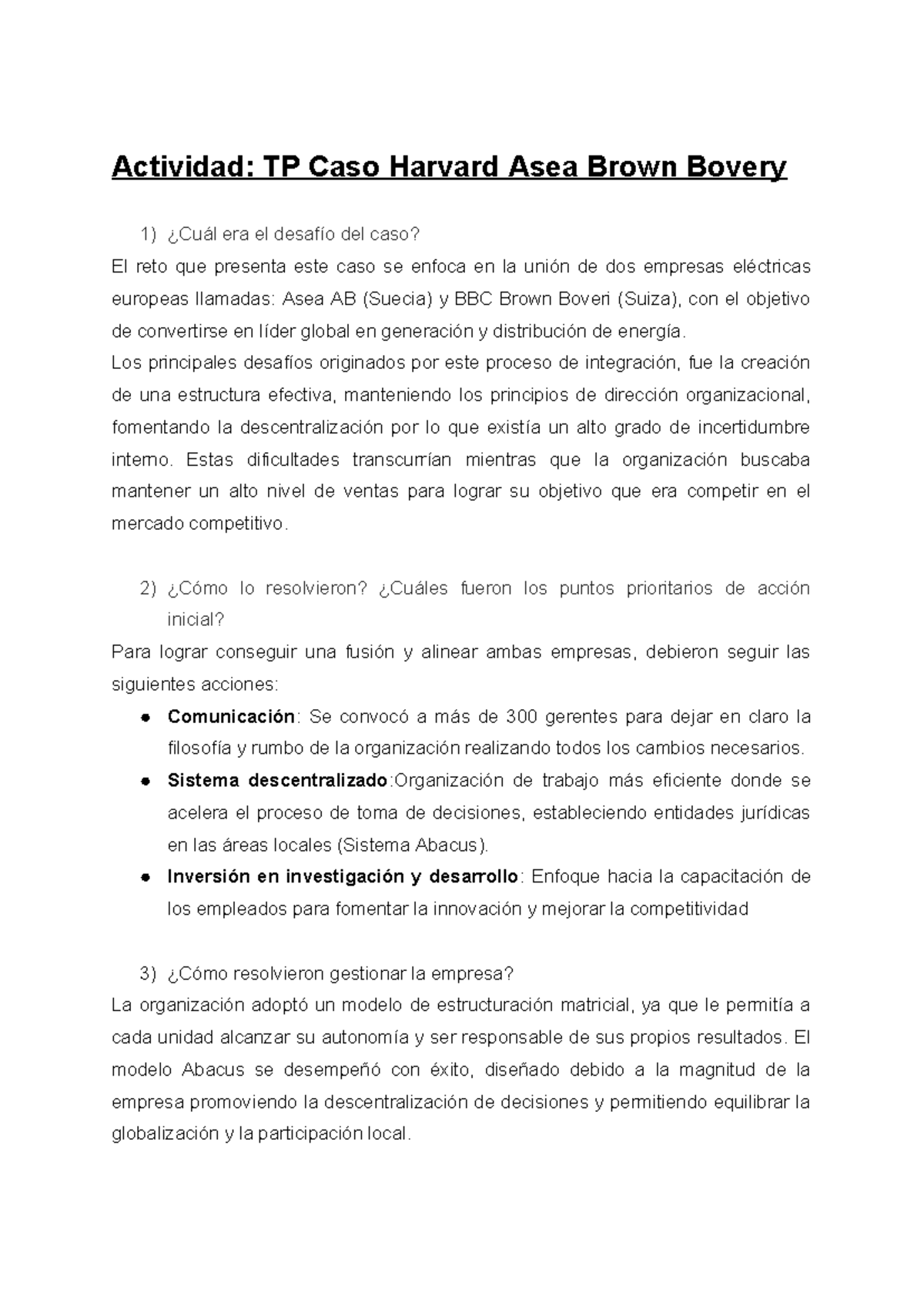 Actividad TP Caso Harvard Asea Brown Bovery - Actividad: TP Caso Harvard Asea Brown Bovery ¿Cuál ...