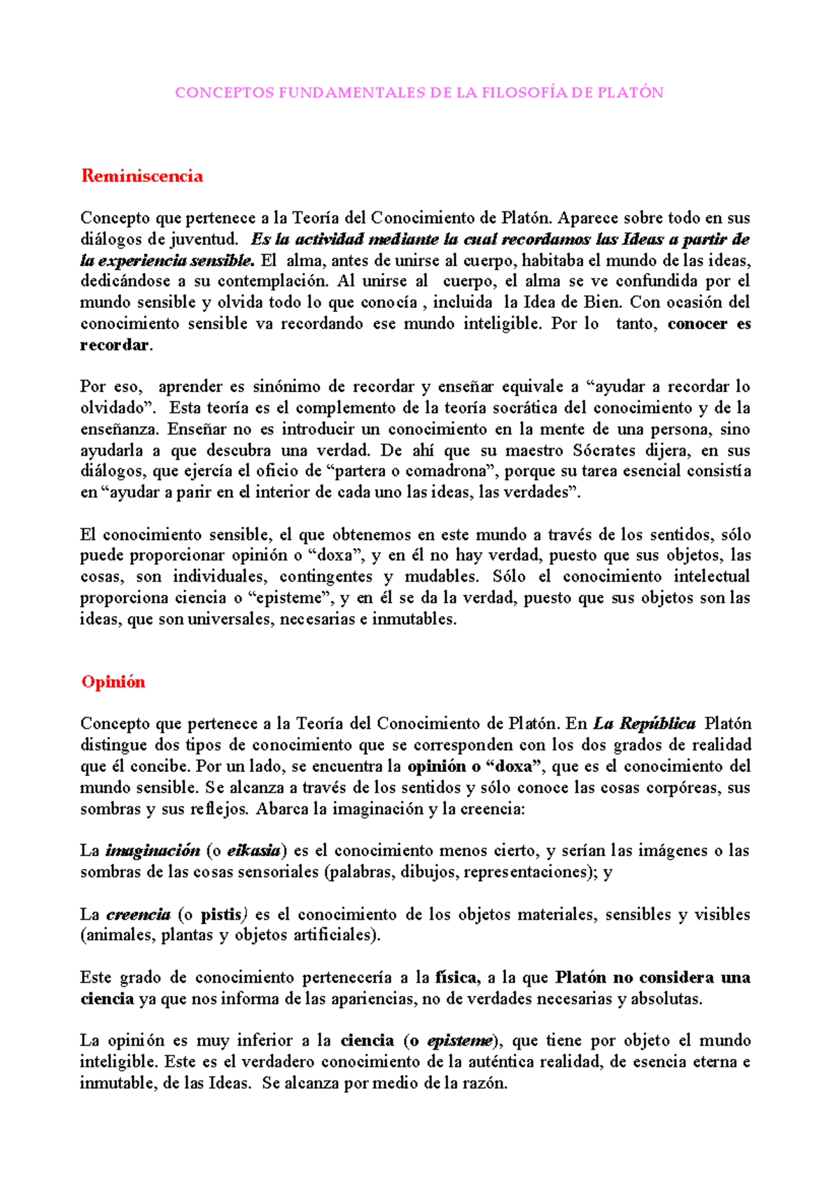 Términos de Platón - CONCEPTOS FUNDAMENTALES DE LA FILOSOFÍA DE PLATÓN Reminiscencia Concepto ...