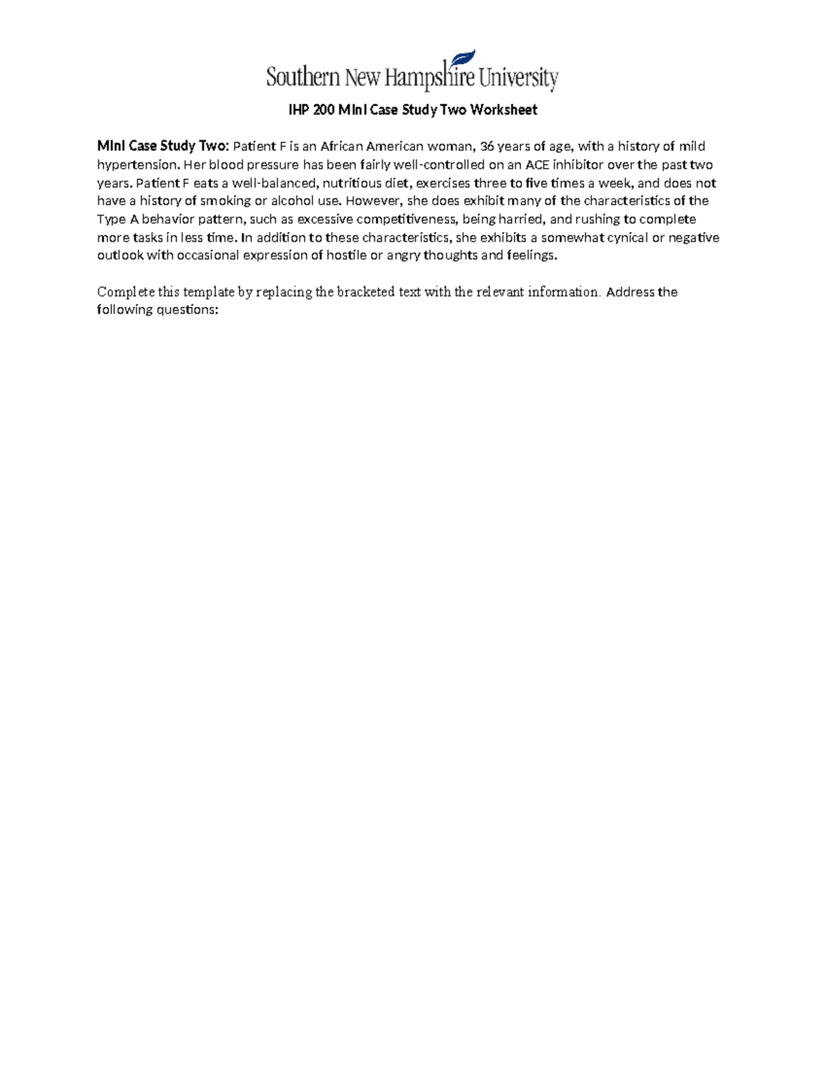 IHP 200 Mini Case Study Two Worksheet - IHP 200 Mini Case Study Two ...