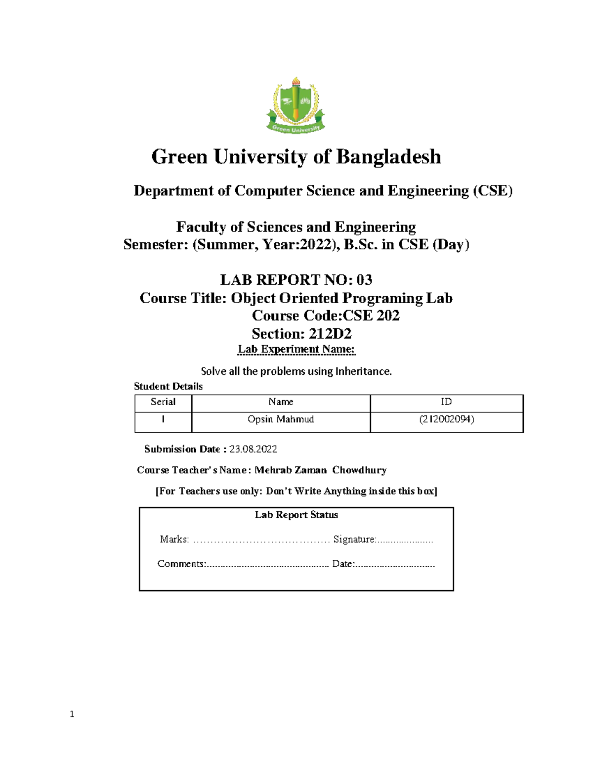 Lab Report 03 Main P Rt 2 Asdnncksdc Green University Of Bangladesh Department Of Computer