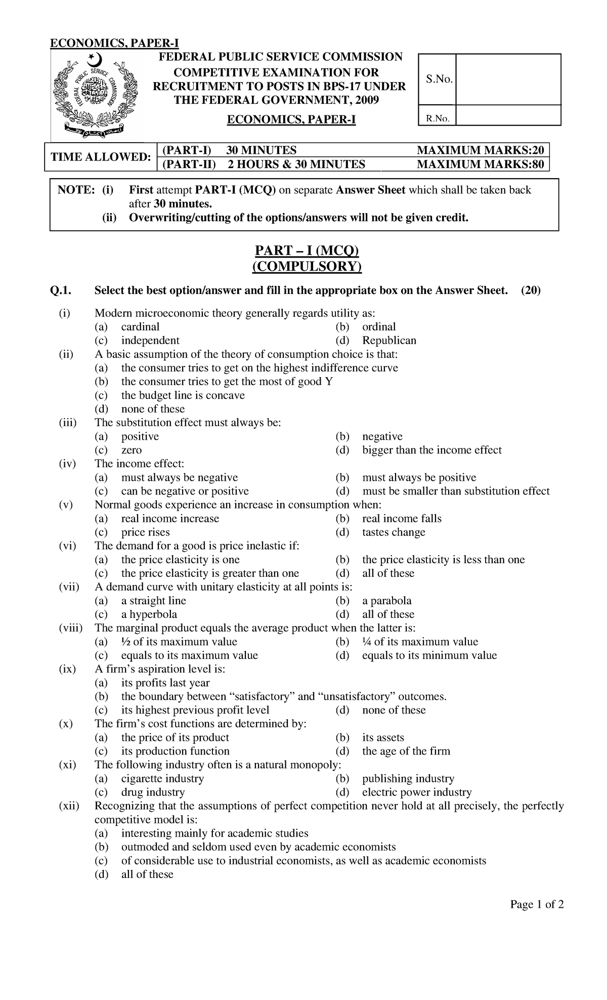 Economics CSS paper- 2009 - Econometrics - AWKUM - Studocu