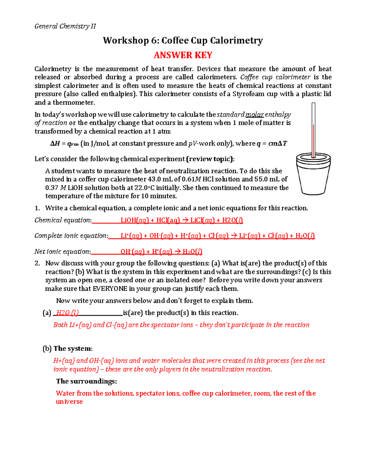 W6 Thermo Calorimetry + Hess Law KEY - General Chemistry II Workshop 6 ...