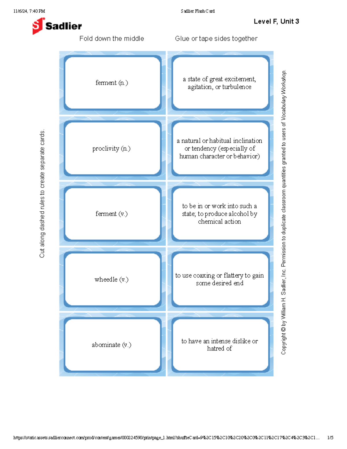 Unit 3 flashcards - unit 3 level F - Cut along dashed rules to create ...
