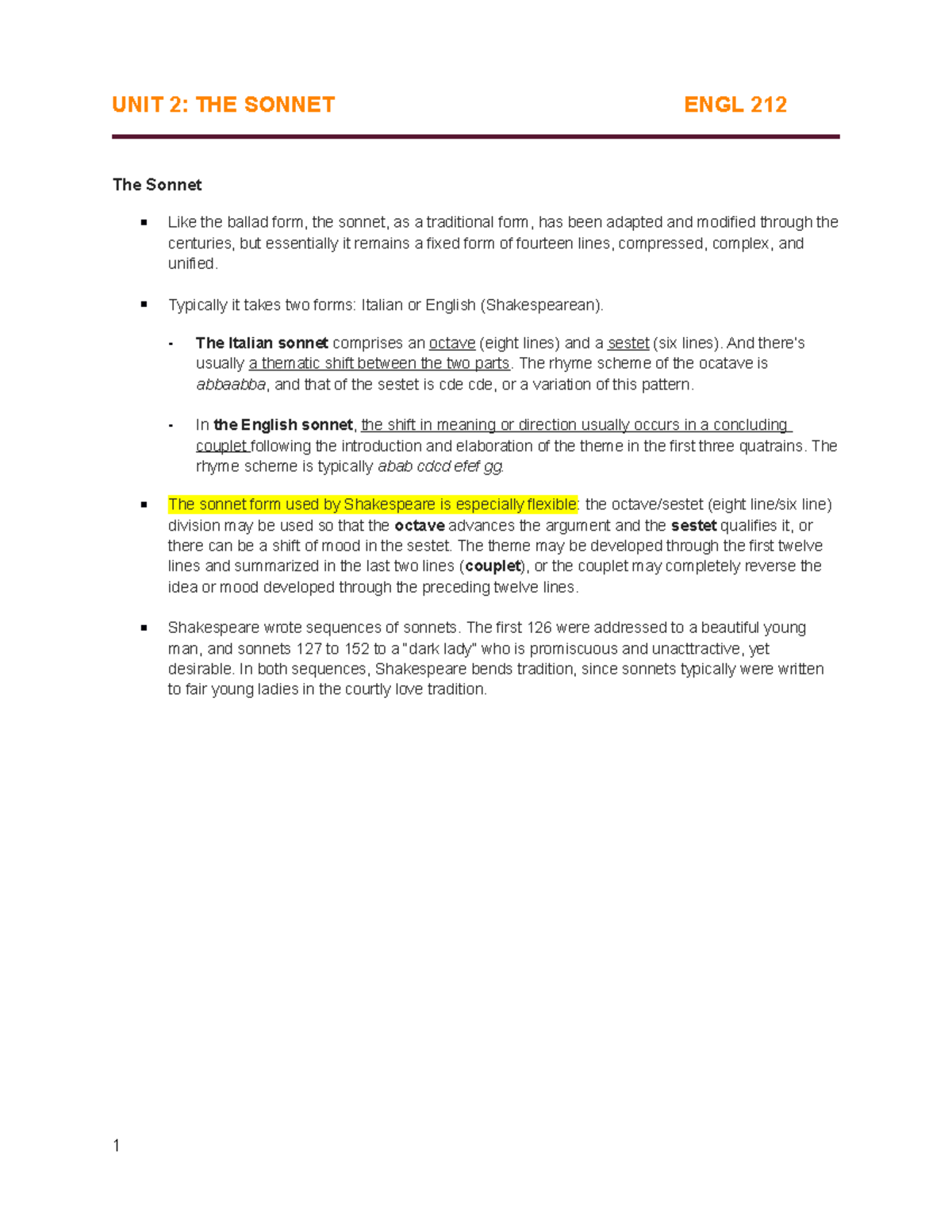 E212 Unit 2 Notes (Sonnet & Pastoral Lyric) - UNIT 2: THE SONNET ENGL ...
