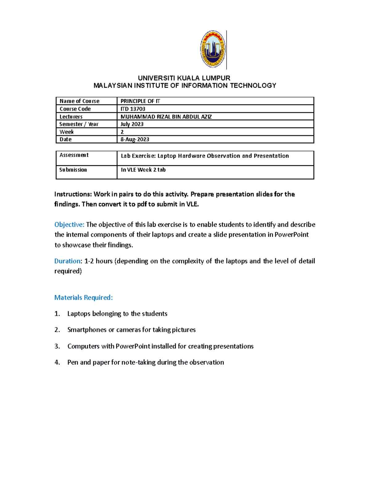 Lab 2a Lab Exercise - Laptop Hardware Observation and Presentation ...
