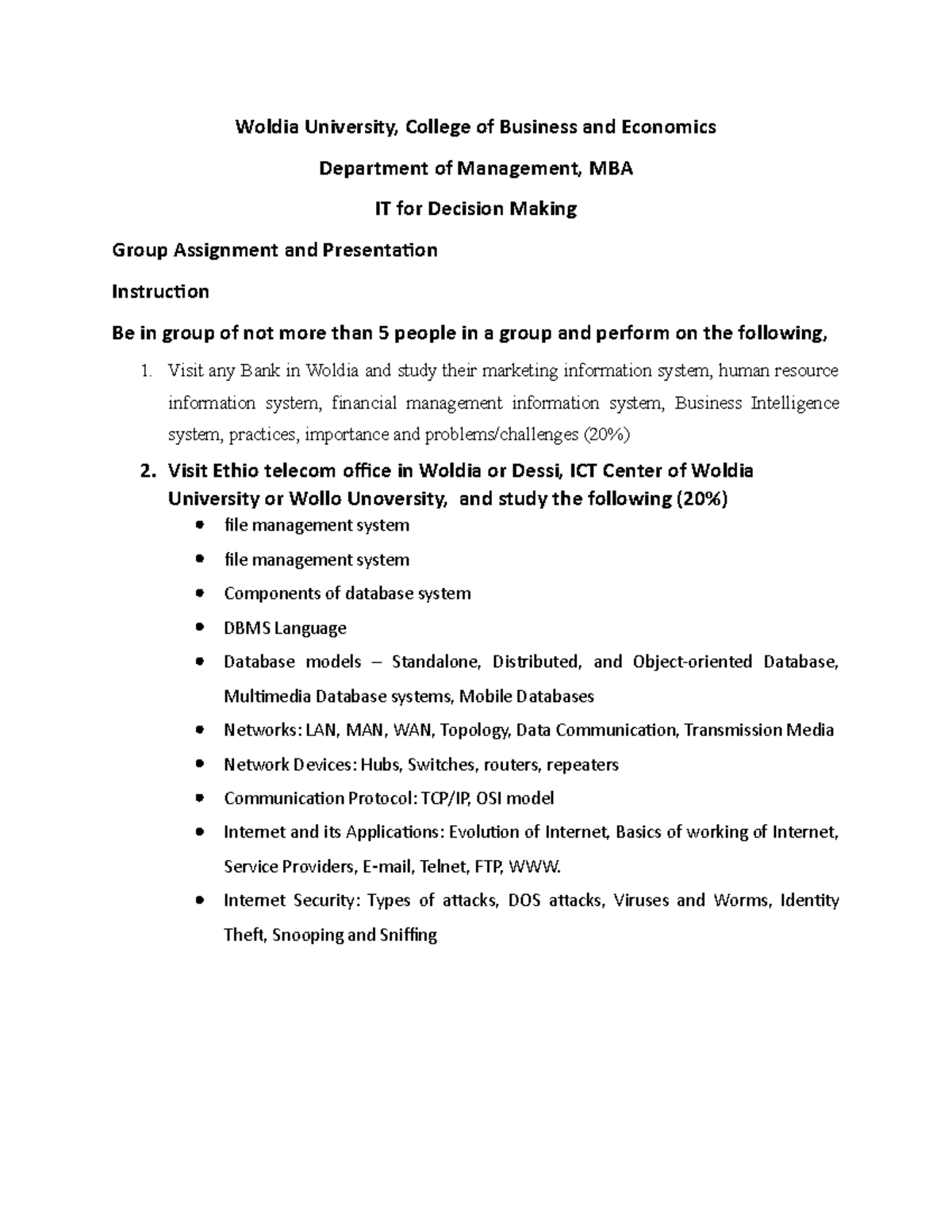 MIS Group Assignment - best - Woldia University, College of Business ...