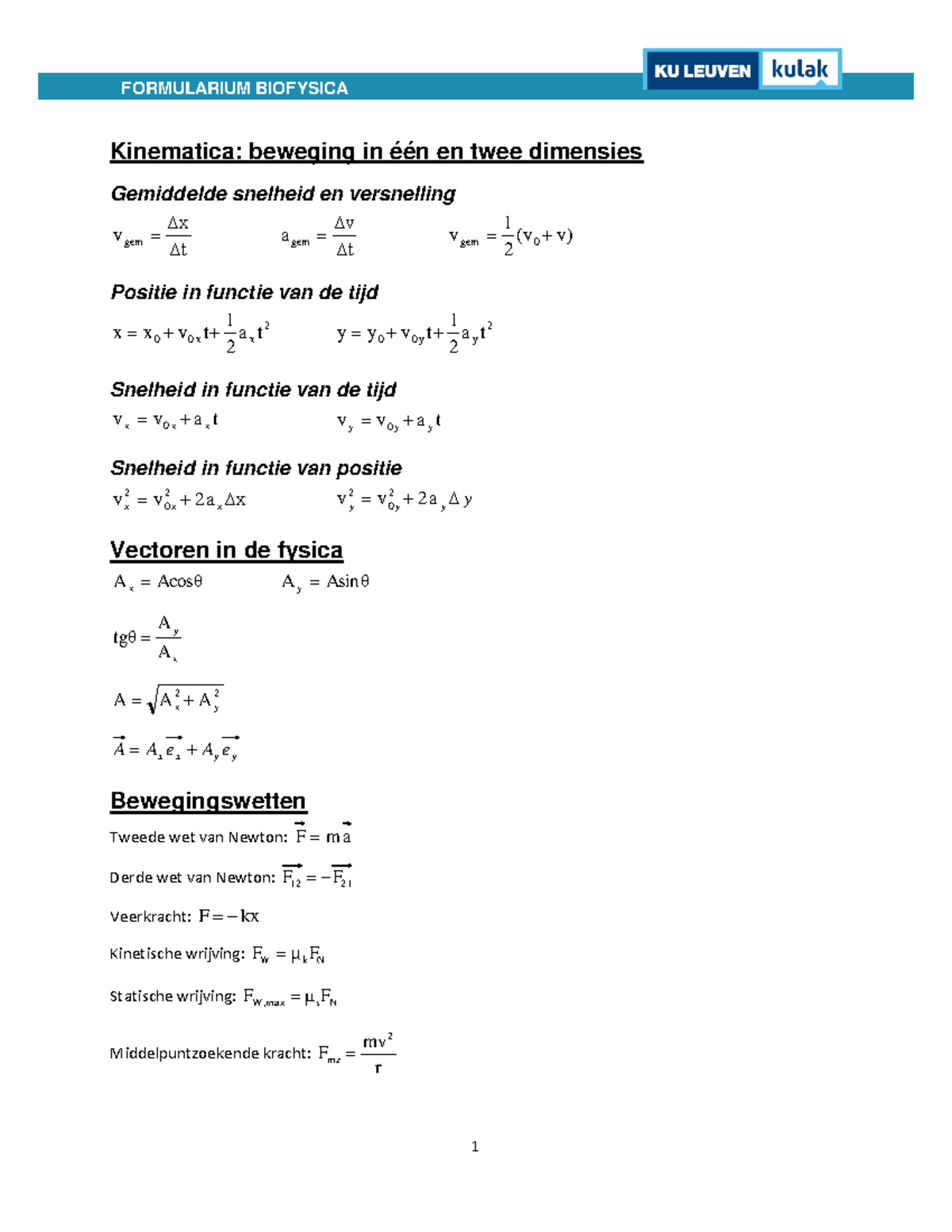 Formularium 2022 - Kinematica: beweging in één en twee dimensies ...
