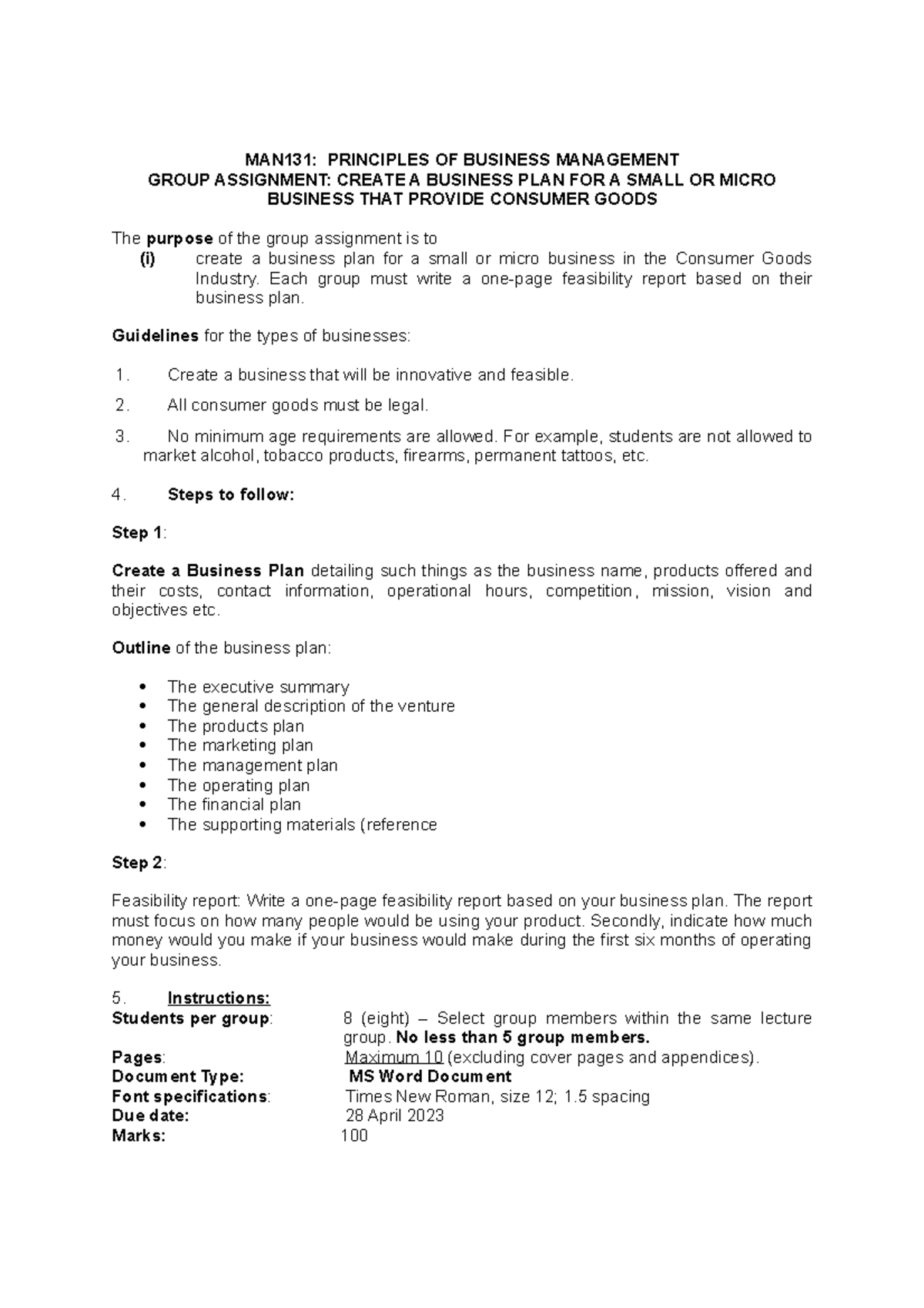 Group assignment Man 131 Final 2023 - MAN131: PRINCIPLES OF BUSINESS ...