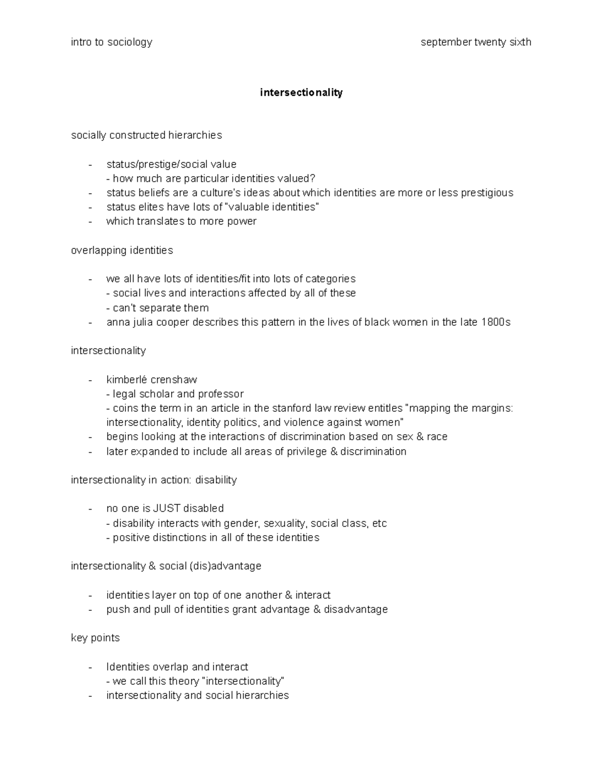 Intersectionality - Sarah Ford - intro to sociology september twenty sixth intersectionality ...