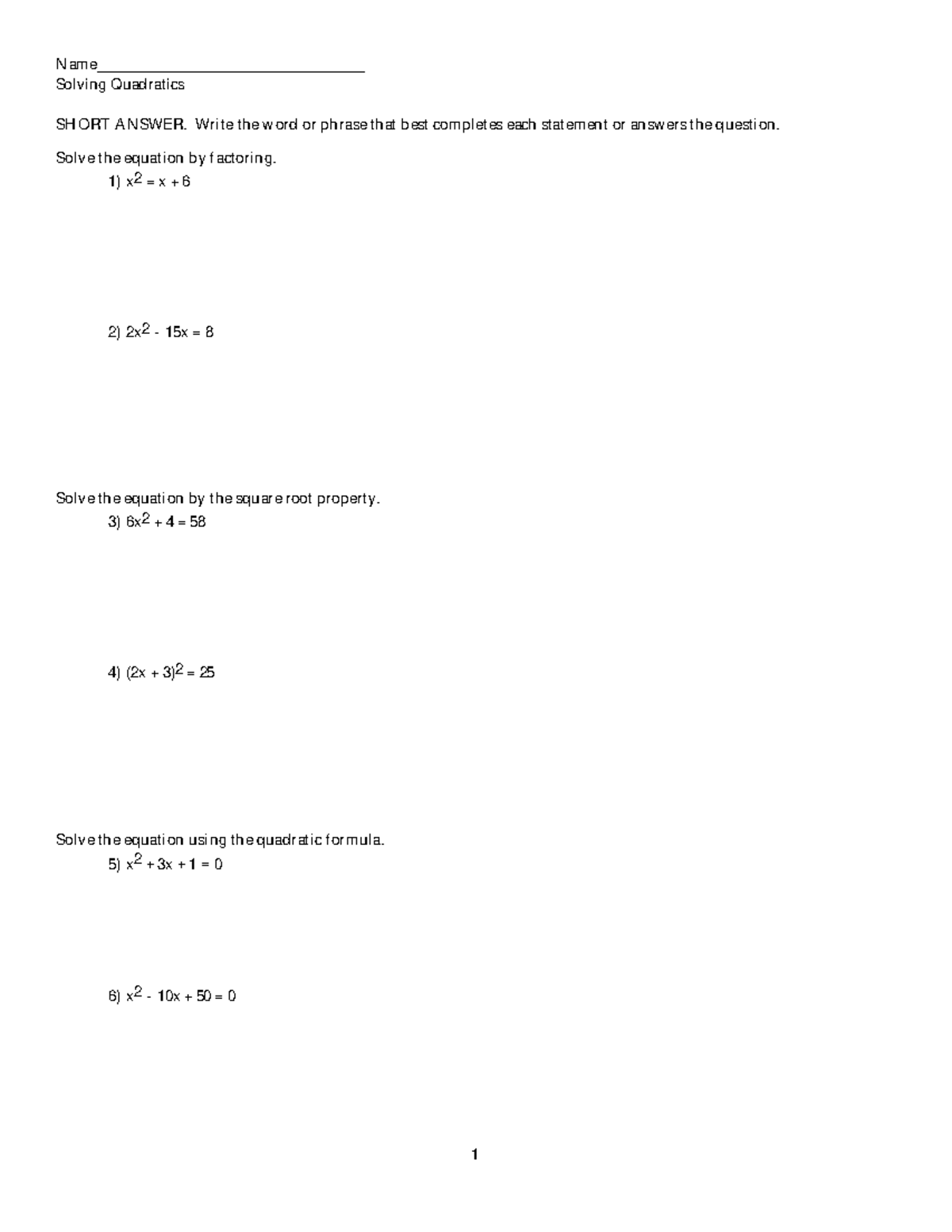 Solving quadratic equations - Name ...