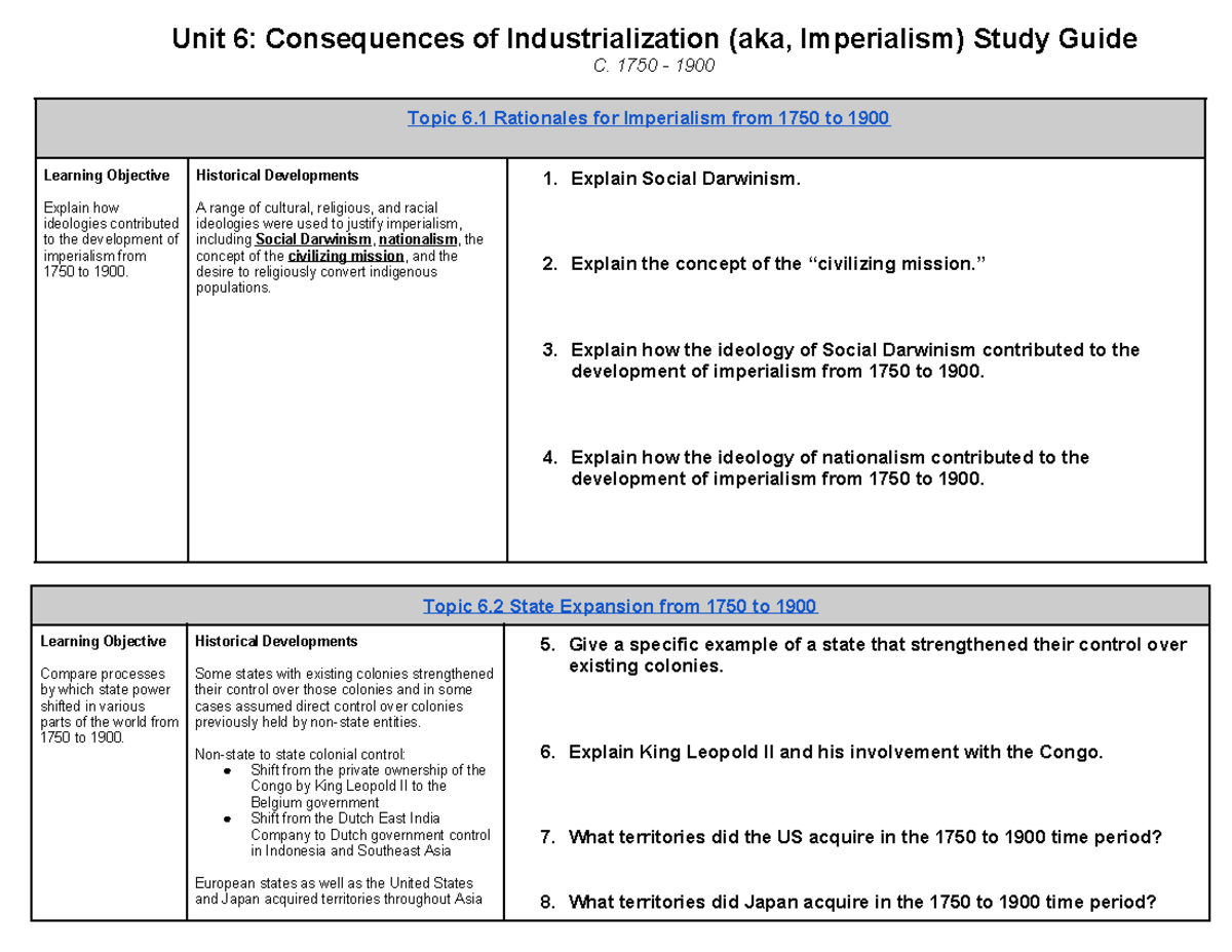 Imperialism Study Guide - 1750 - 1900 Topic 6 Rationales for ...