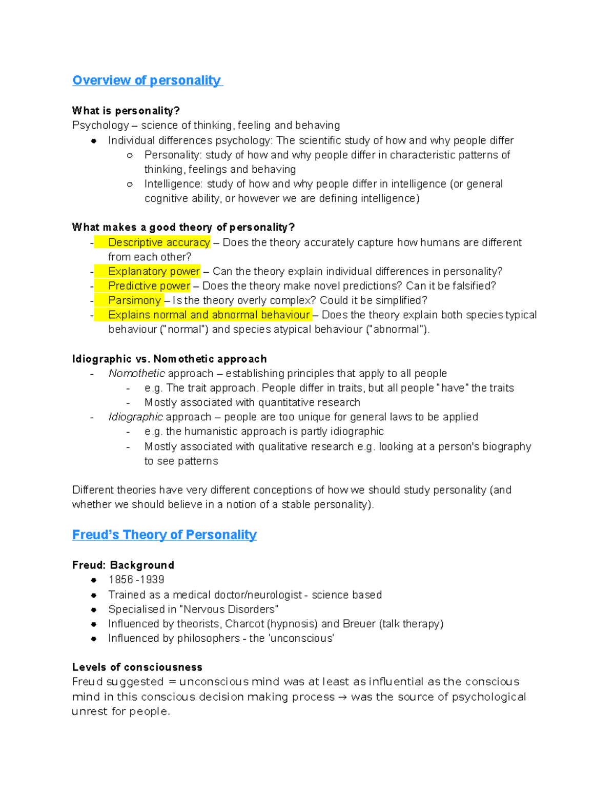 Week 1 notes - Overview of personality What is personality? Psychology ...