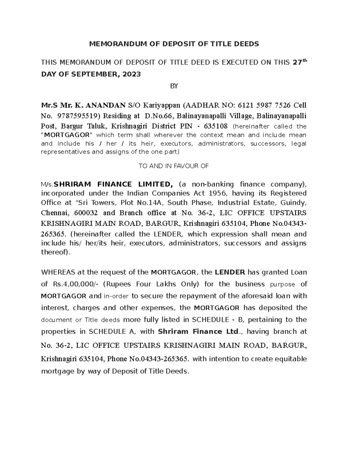 Memorandum OF Deposit OF Title Deeds First Party Model 2023 - MEMORANDUM OF DEPOSIT OF TITLE ...