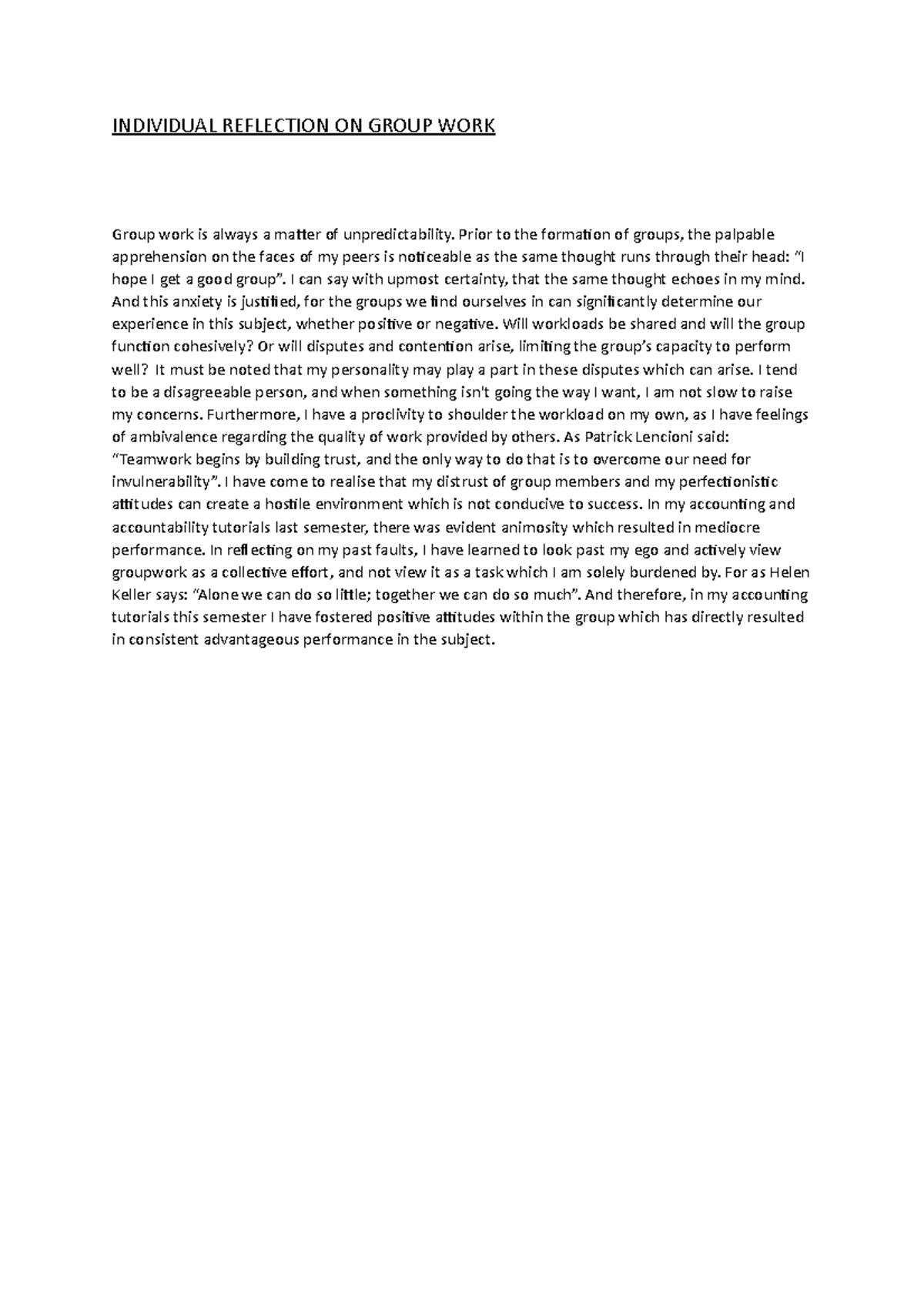 Individual Reflection ABS - INDIVIDUAL REFLECTION ON GROUP WORK Group ...