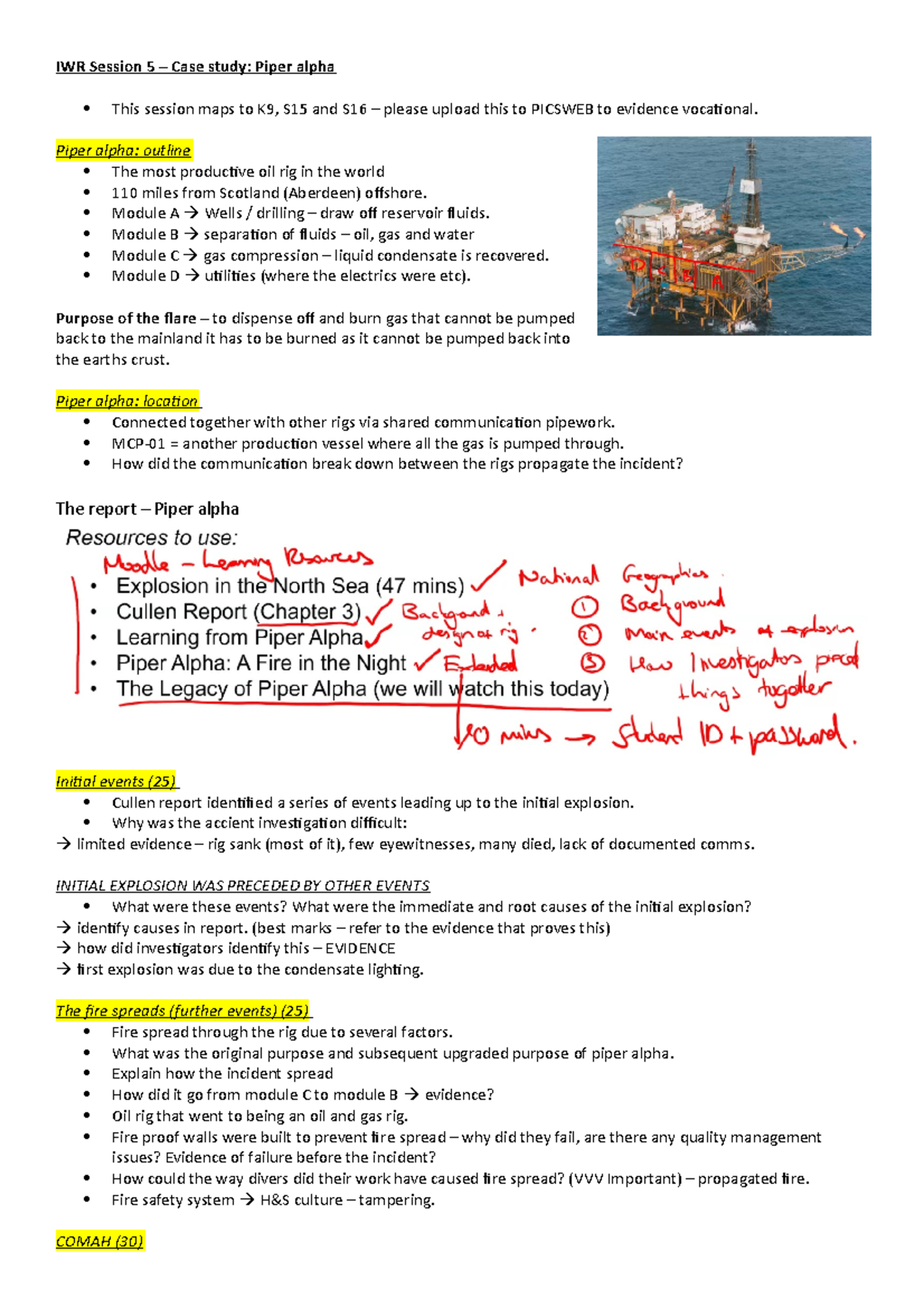 IWR Session 5 - Piper alpha - IWR Session 5 – Case study: Piper alpha This session maps to K9 ...