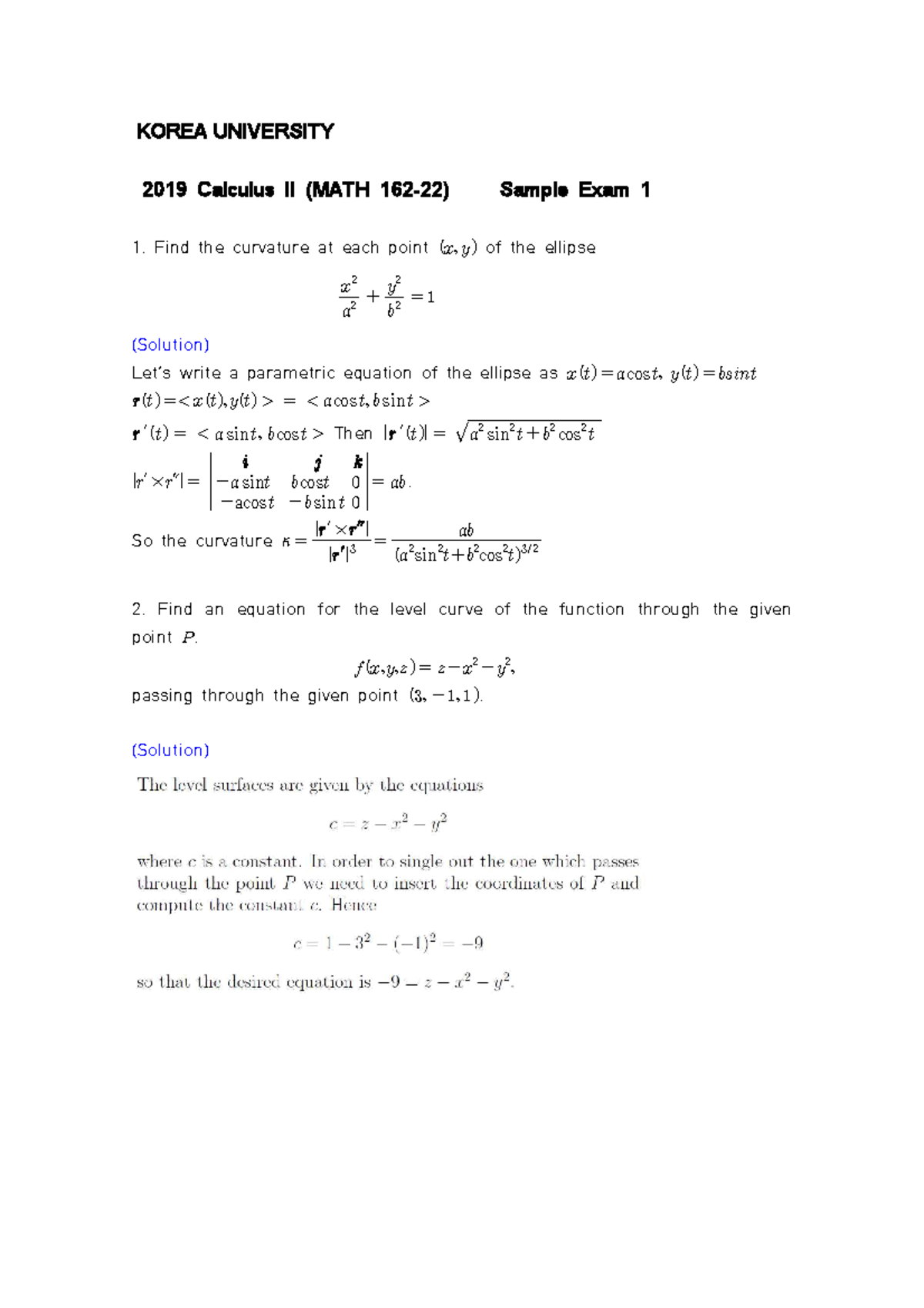 Calculus Sample Exam 1 (MATH162-24) - 2019 Calculus II (MATH 162-22 ...