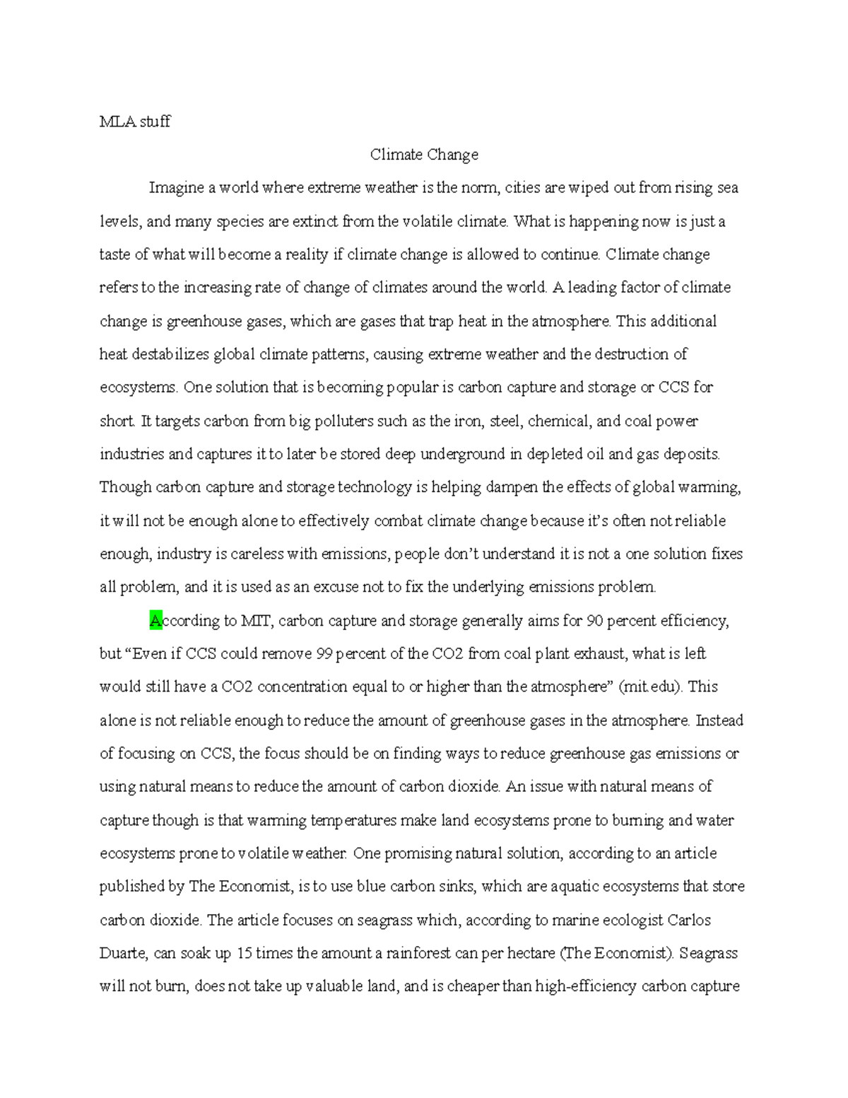 English 101 Researched Argumentative Essay - MLA stuff Climate Change ...