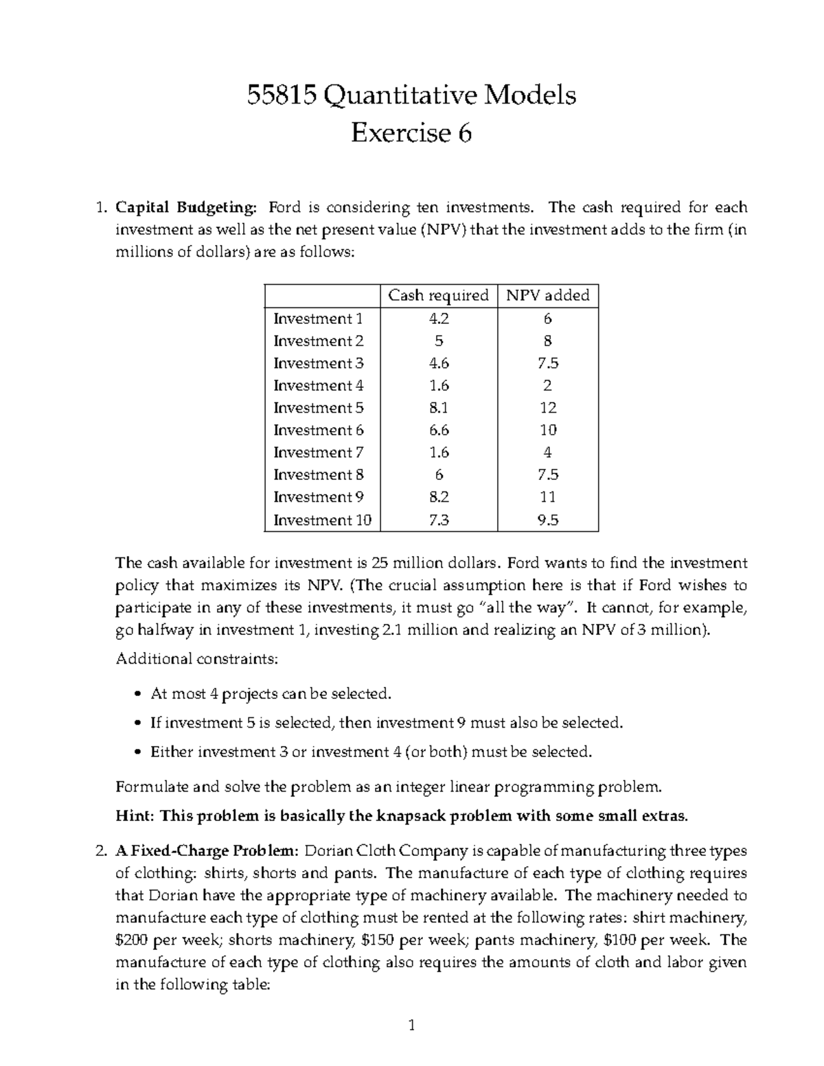Assignment 6 solution - 55815 Quantitative Models Exercise 6 Capital ...