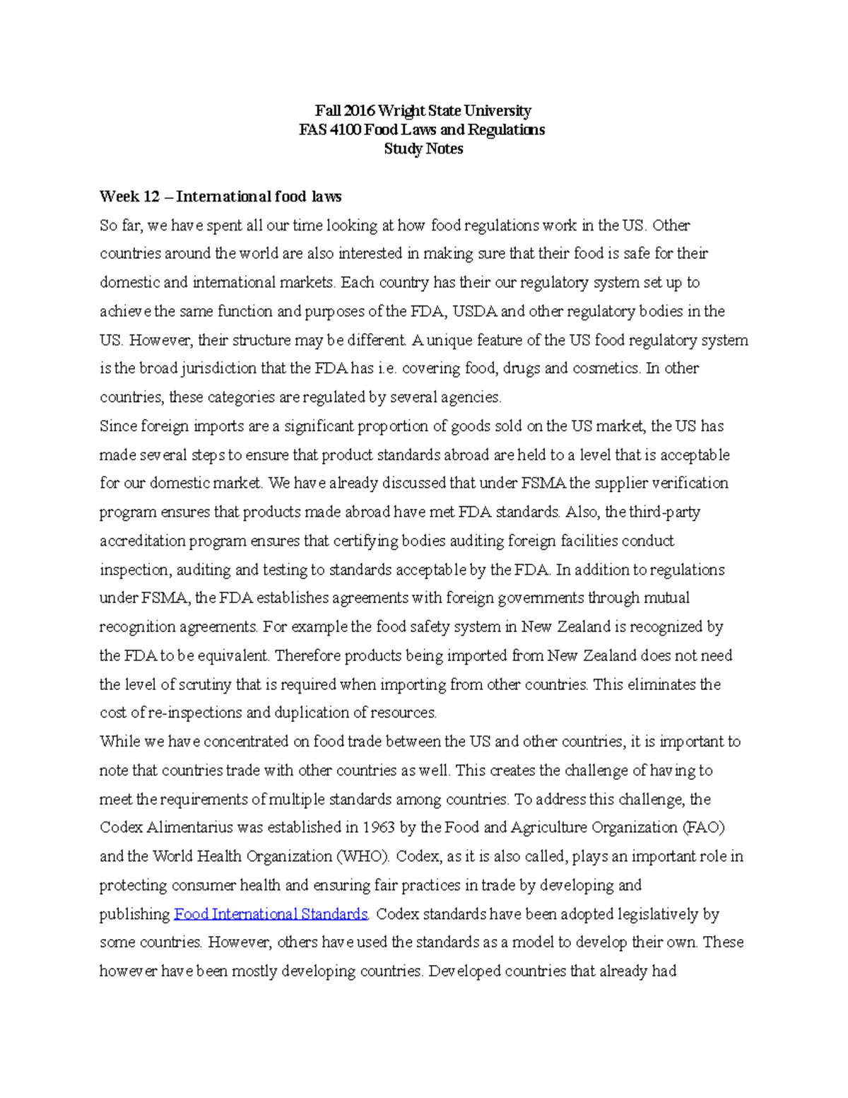 FAS 4100 Class Notes - Week 12 International food laws - Fall 2016 ...