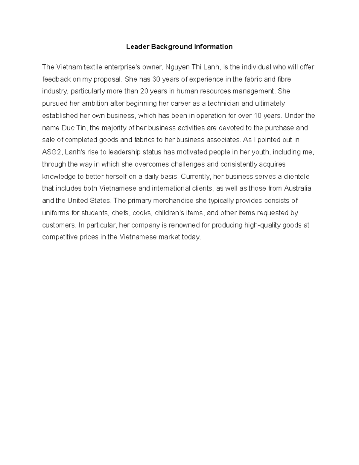 Leader Background Information ASG3- Dinh Thien Huong-s3974801 - Leader ...