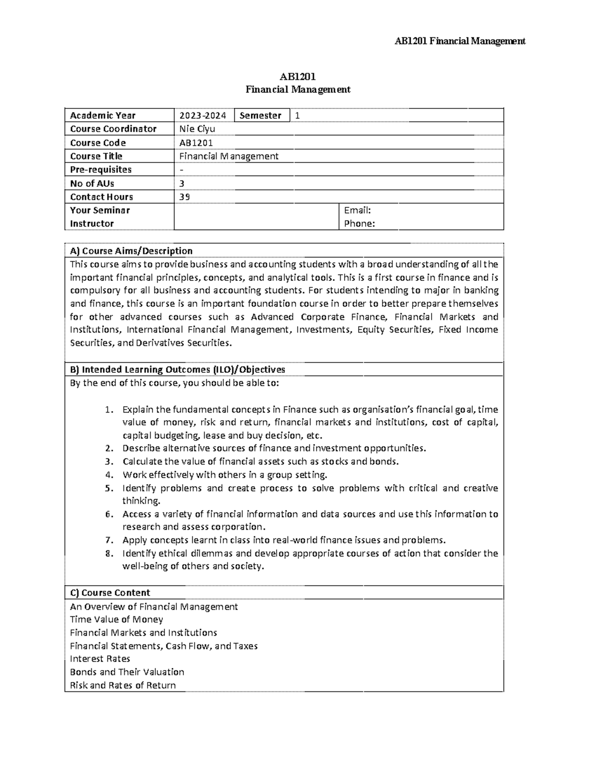 Course Outline - Summary - AB1201 Financial Management AB Financial ...