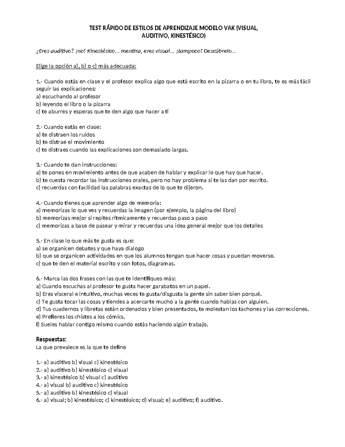 TEST Rápido DE Estilos DE Aprendizaje Modelo VAK - TEST RÁPIDO DE ...