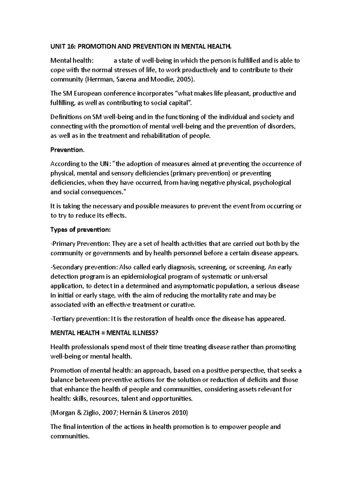 Unit 16 - UNIT 16: PROMOTION AND PREVENTION IN MENTAL HEALTH. Mental ...