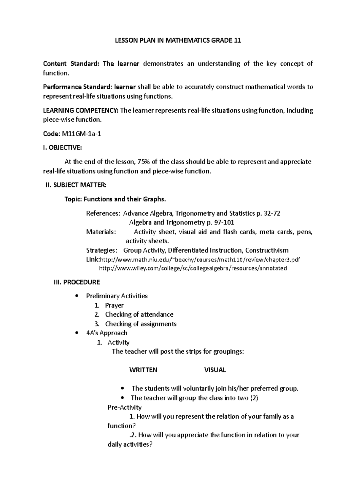M11GM-1a-1 - Genmath - LESSON PLAN IN MATHEMATICS GRADE 11 Content ...
