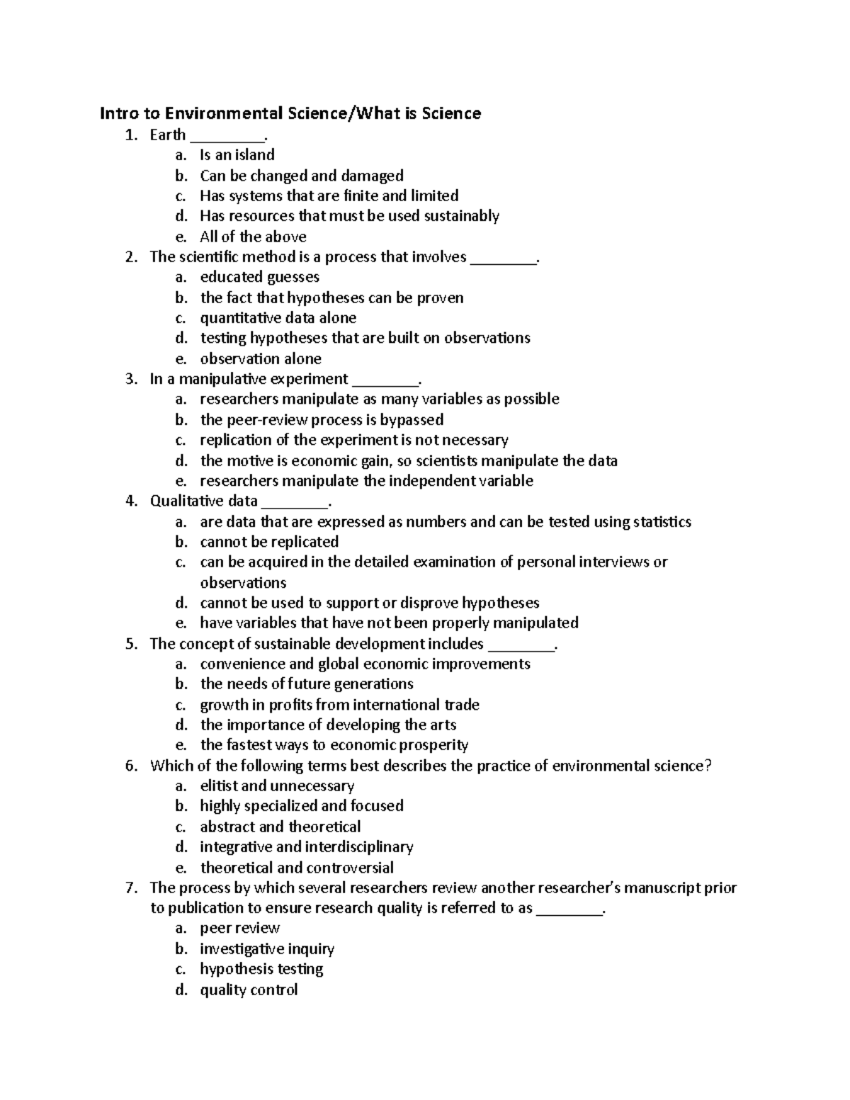 ENV 1110 Test 1 - Practice Questions - Intro to Environmental Science ...