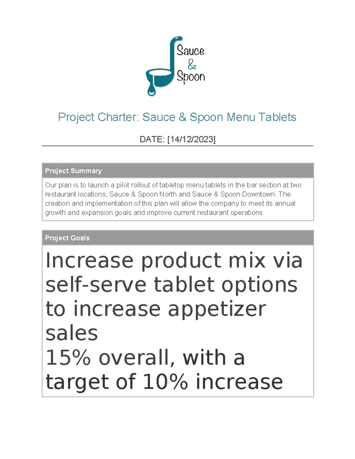 Project-Charter - Project Charter: Sauce & Spoon Menu Tablets DATE: [14 ...
