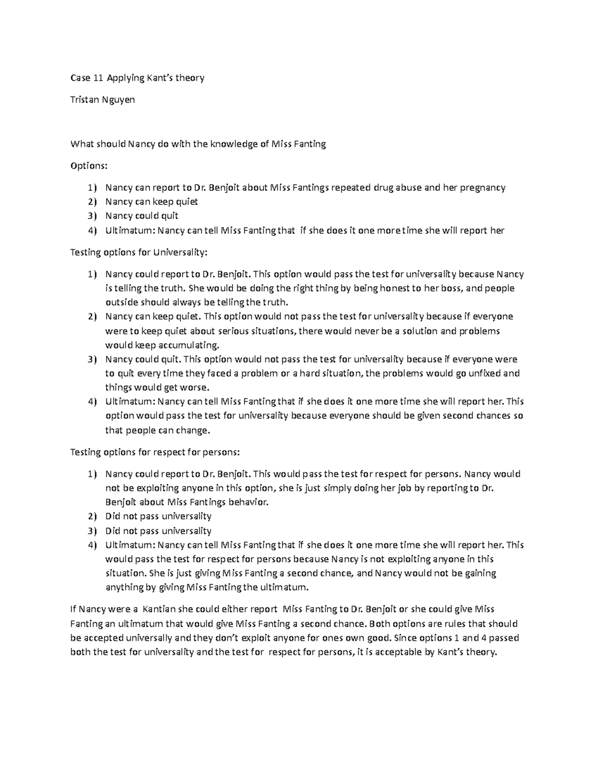 Case 11 applying Kants theory Tristan Nguyen - Case 11 Applying Kant’s ...