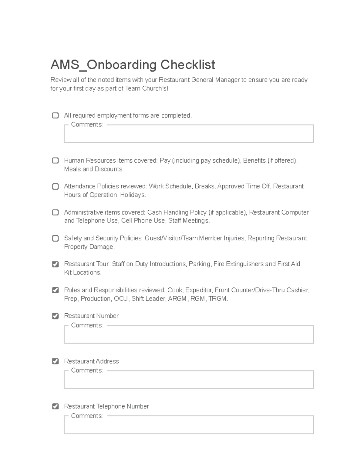 Checklist - AMS Onboarding Checklist - ENVR73070 - Conestoga College ...