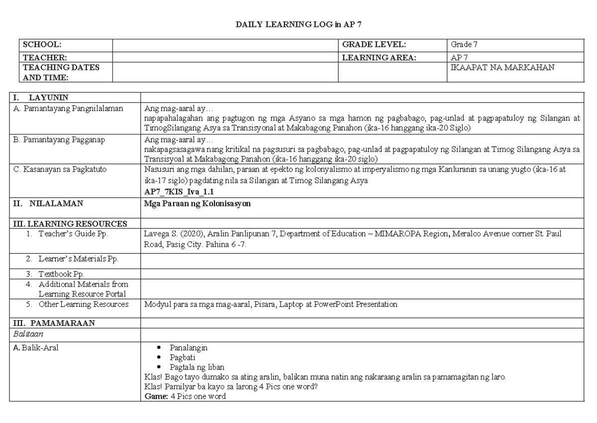 AP 7 DEMO - lesson plan - DAILY LEARNING LOG in AP 7 SCHOOL: GRADE ...