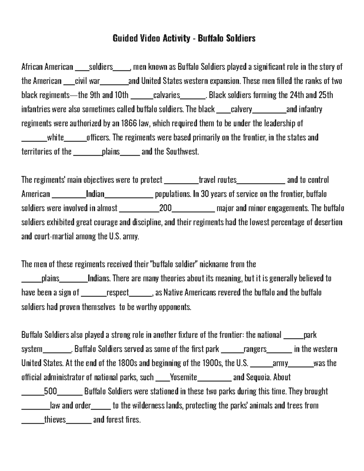 Guided Video Activity - Buffalo Soldiers - Guided Video Activity ...