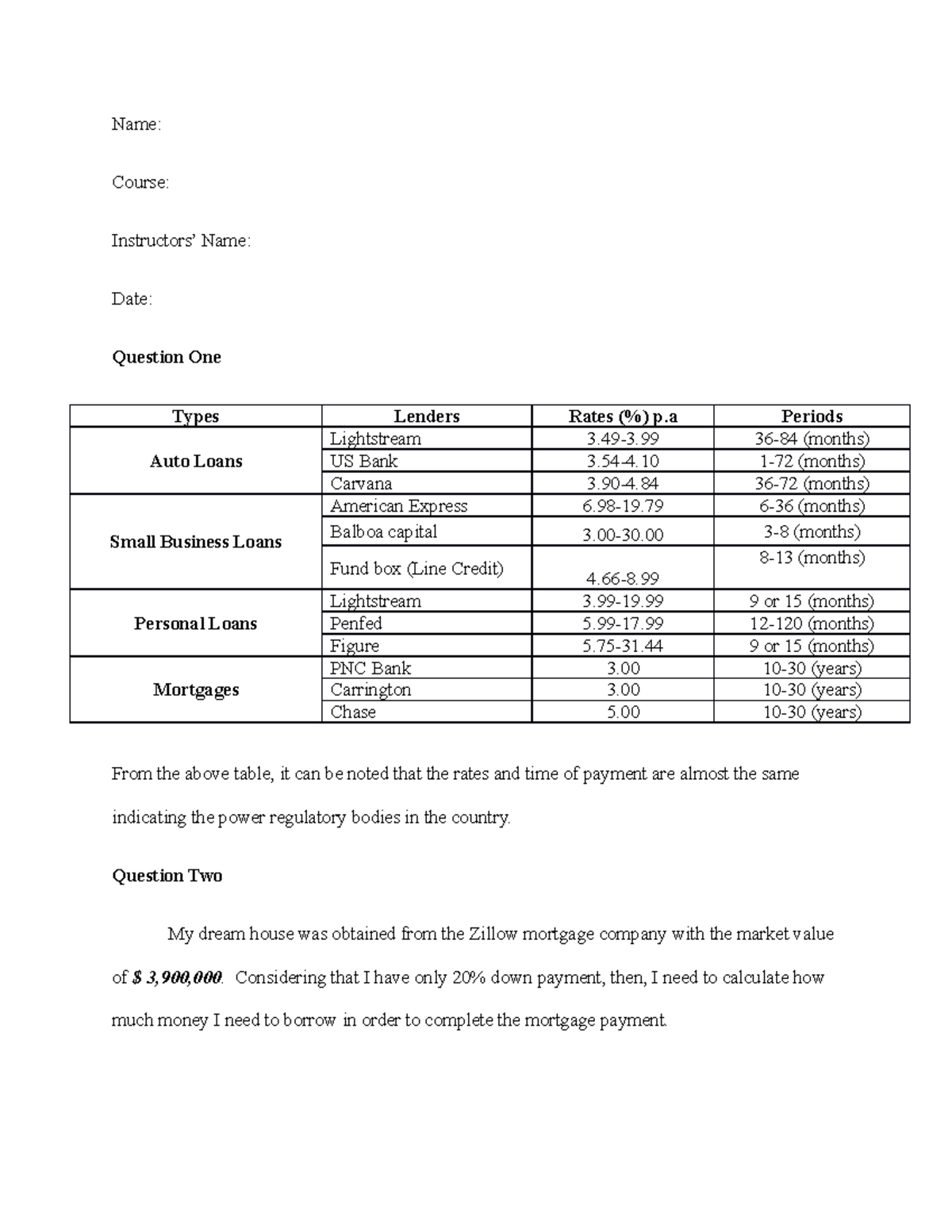 Interest Rates - maths - Name: Course: Instructors’ Name: Date ...