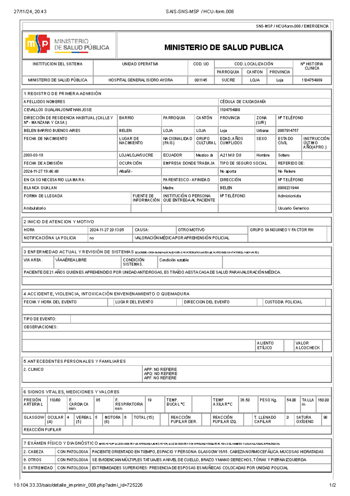 SAIS-SNS-MSP HCU-form - SNS-MSP / HCU-form / EMERGENCIA MINISTERIO DE ...