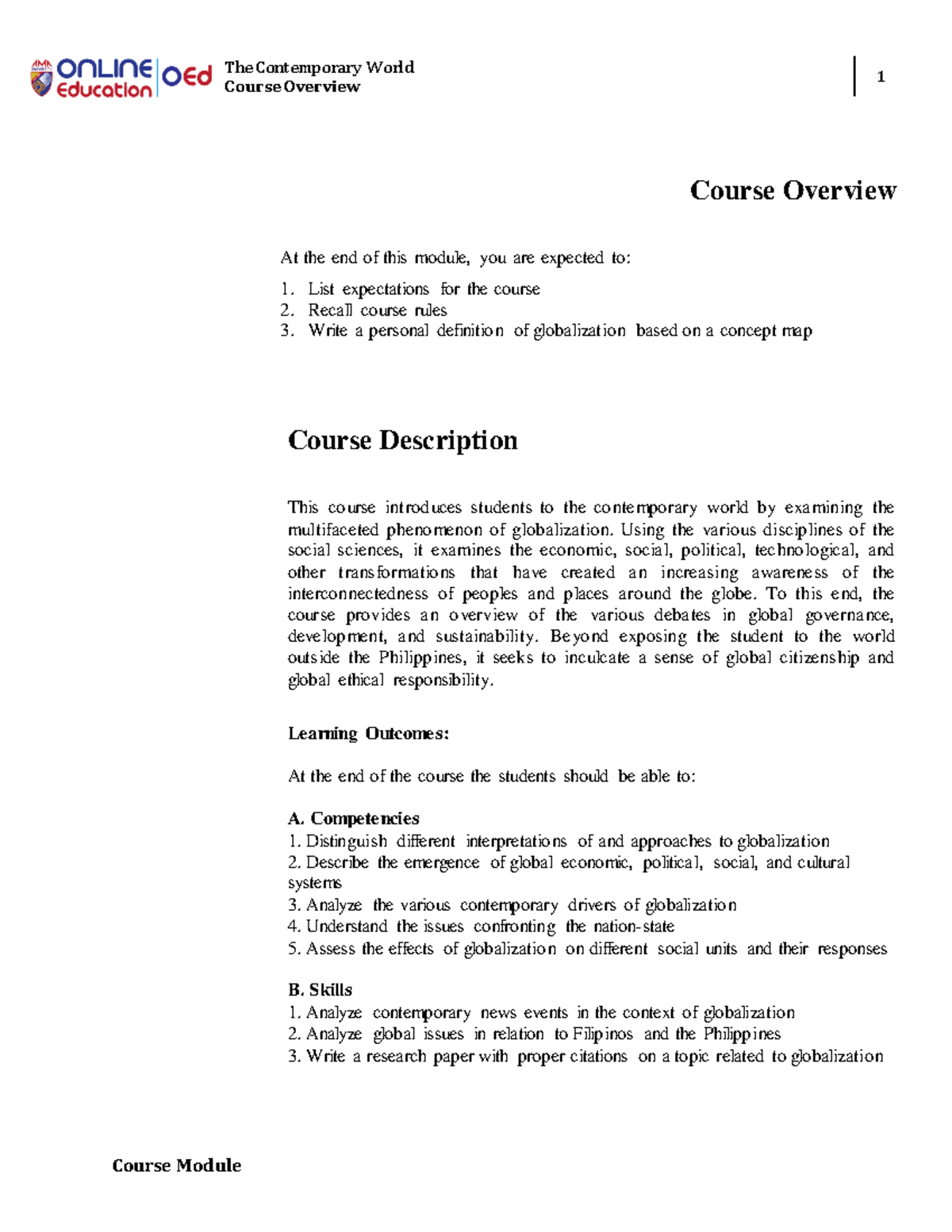 W1 Course Overview - Module - The Contemporary World Course Overview 1 ...