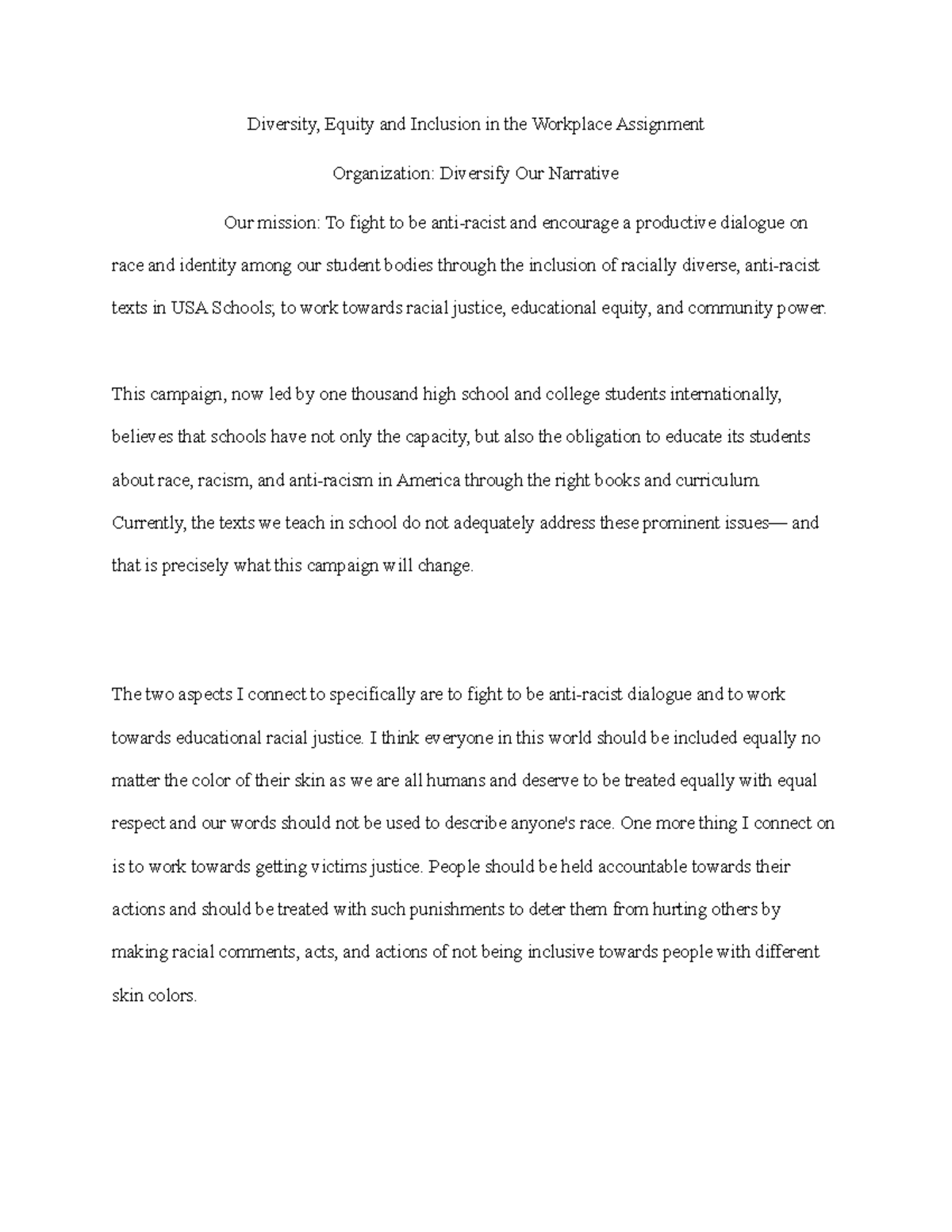 Diversity, Equity and Inclusion in the Workplace Assignment - Diversity ...