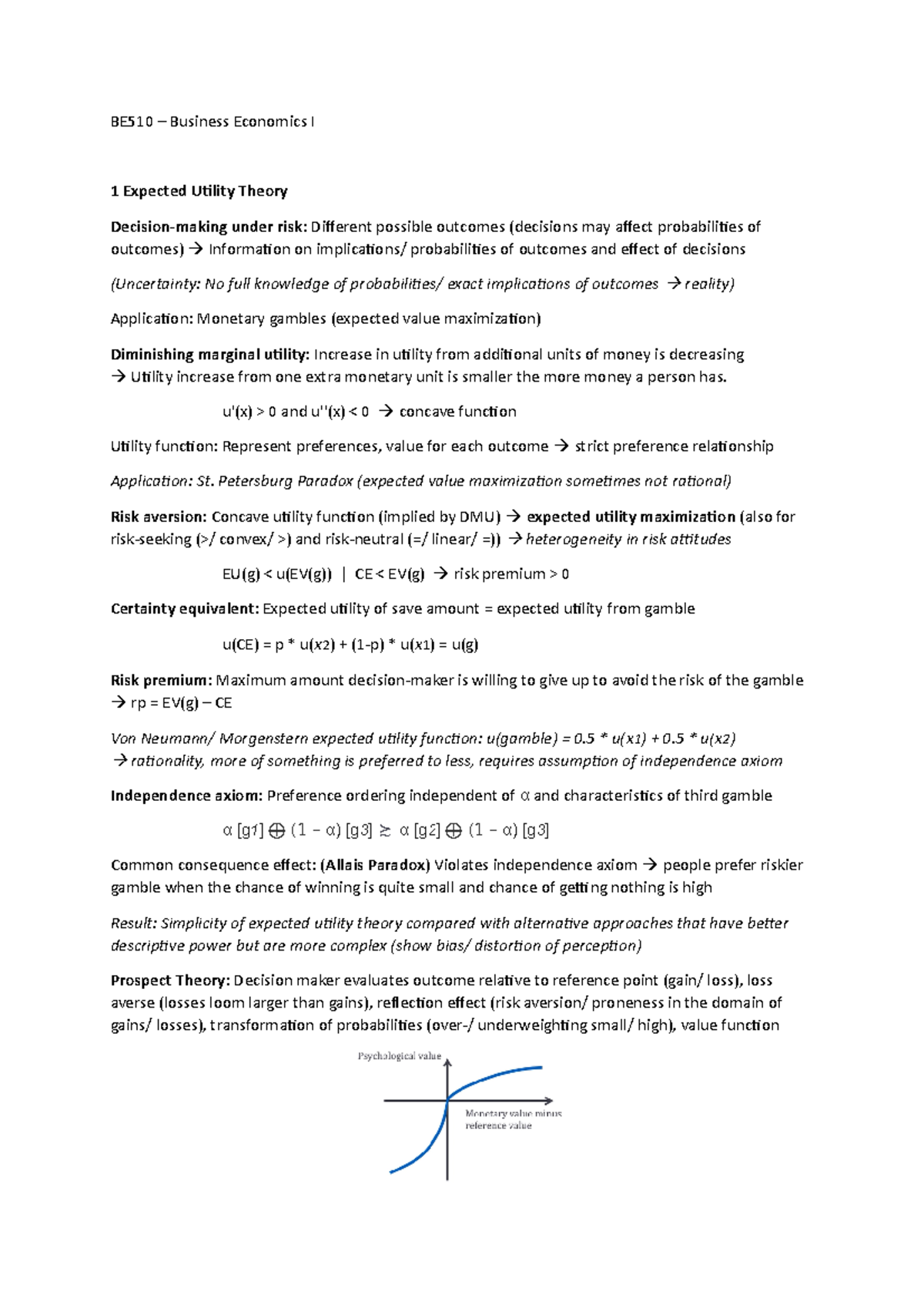 BE 1 Summary Lecture Slides - BE510 – Business Economics I 1 Expected Utility Theory Decision ...