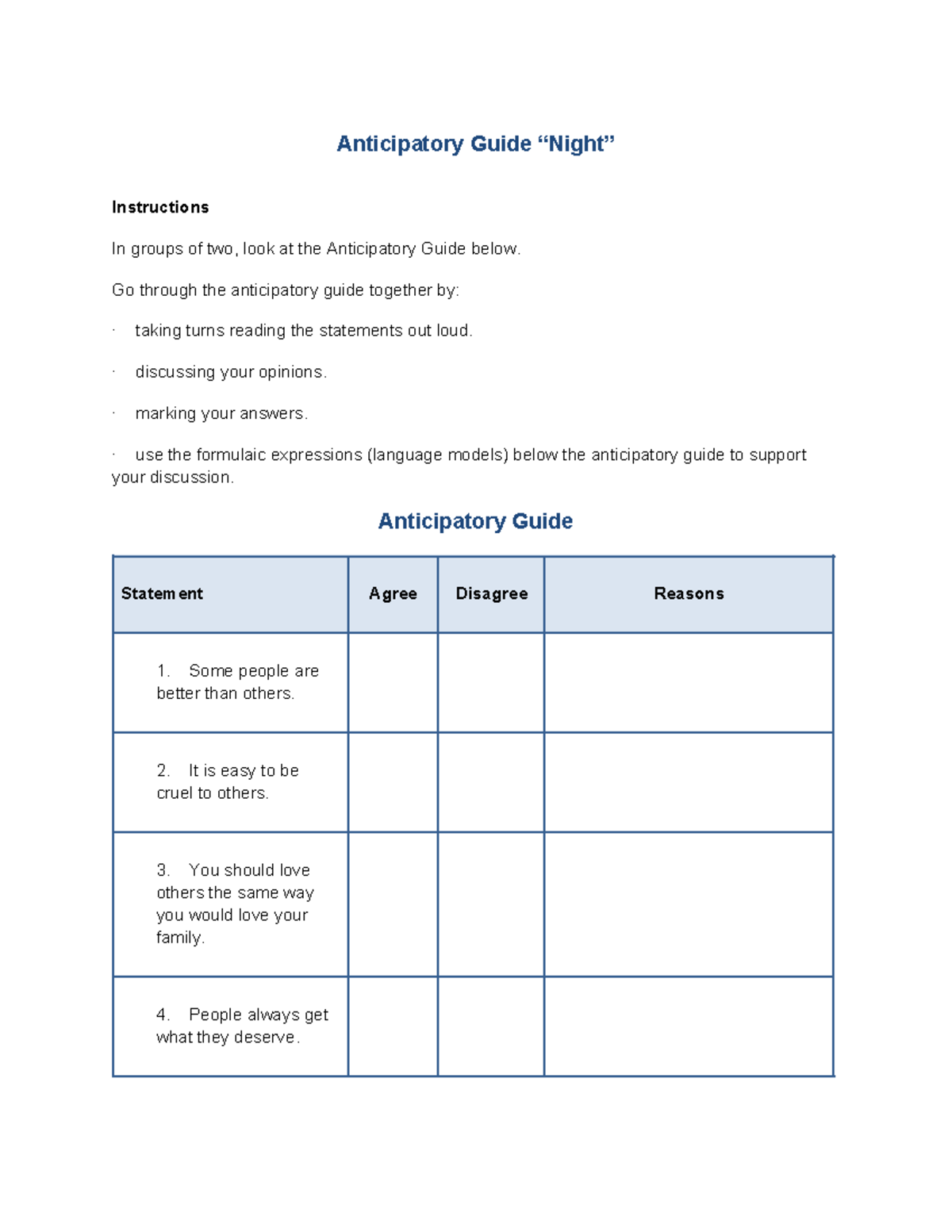 Anticipatory Guide #1 “Night” - Anticipatory Guide “Night” Instructions ...