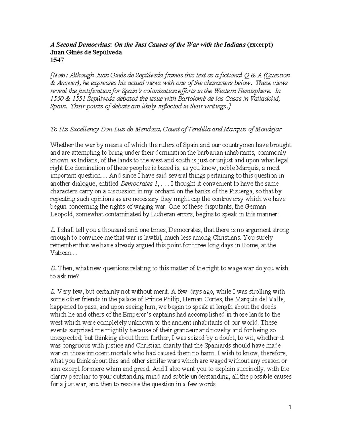 1547 Sepulveda - Reading assignment - A Second Democritus: On the Just ...