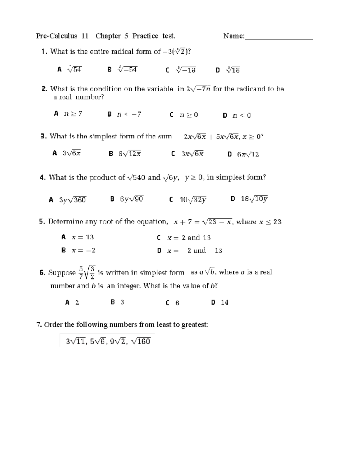 Ch 5 test practice - Pre-Calculus 11 Chapter 5 Practice test. Name ...
