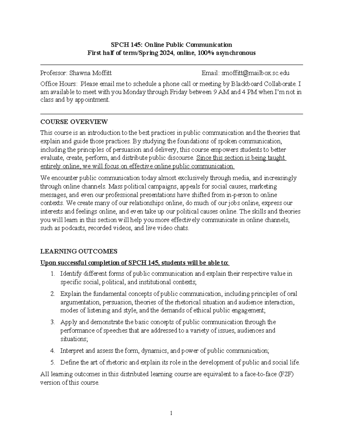 SPCH145 syllabus first half of term spring 2024 - SPCH 145: Online ...