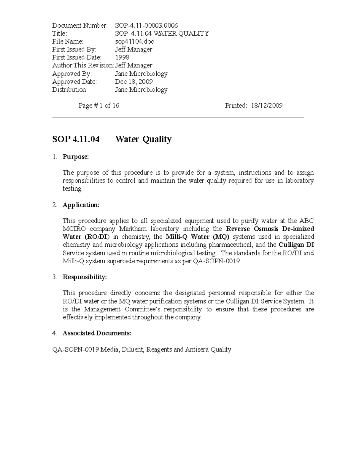 BI-321 Example SOP water quality - Document Number: SOP-4-00003. Title ...