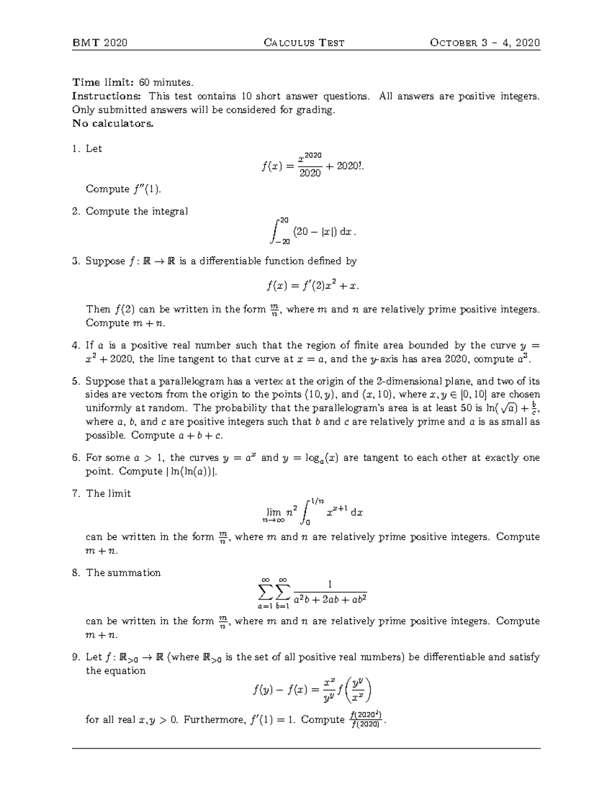 BMT Calculus Test 2020 - BMT 2020 Calculus Test October 3 – 4, 2020 ...