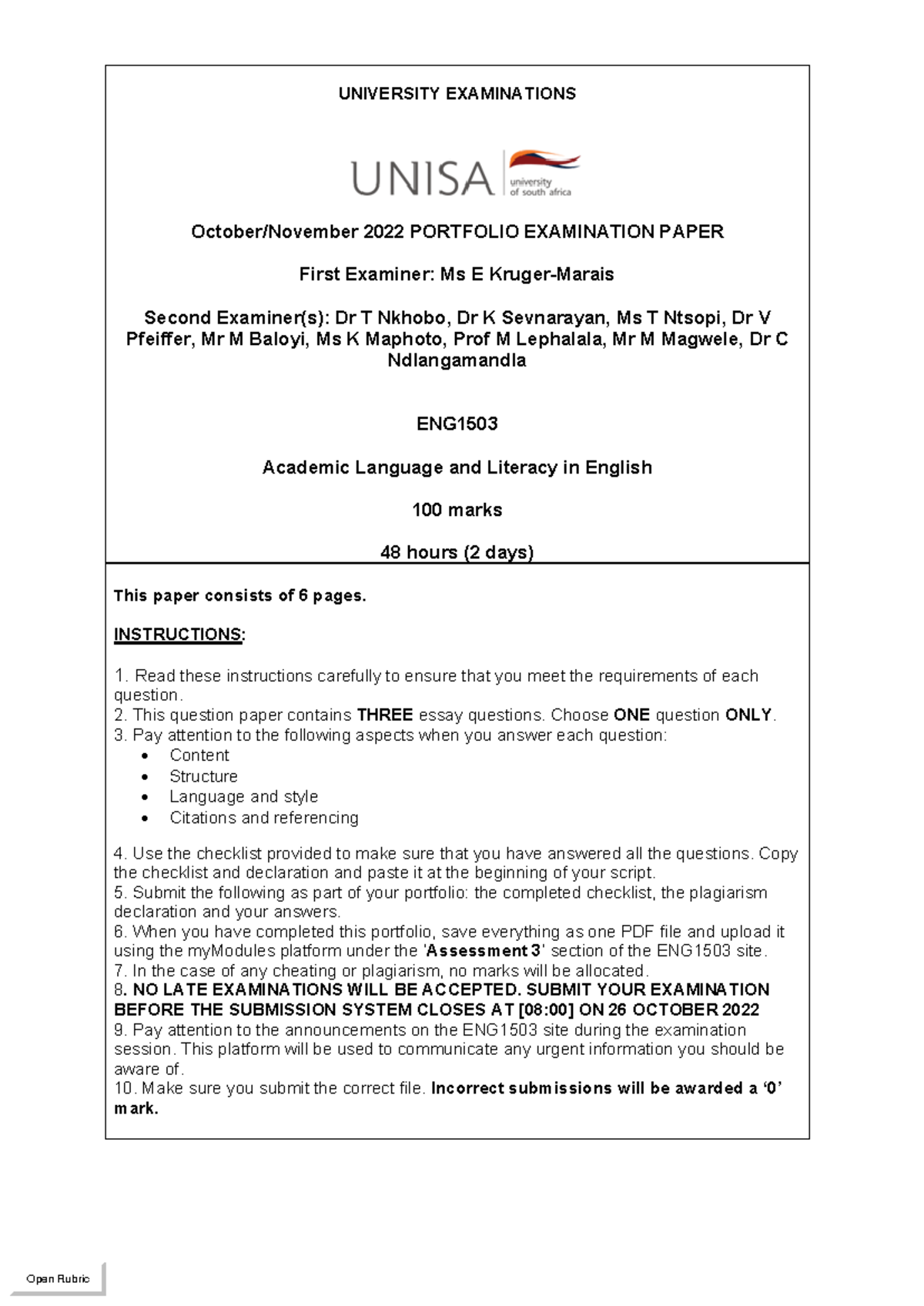 Eng Exam - UNIVERSITY EXAMINATIONS October/November 2022 PORTFOLIO ...