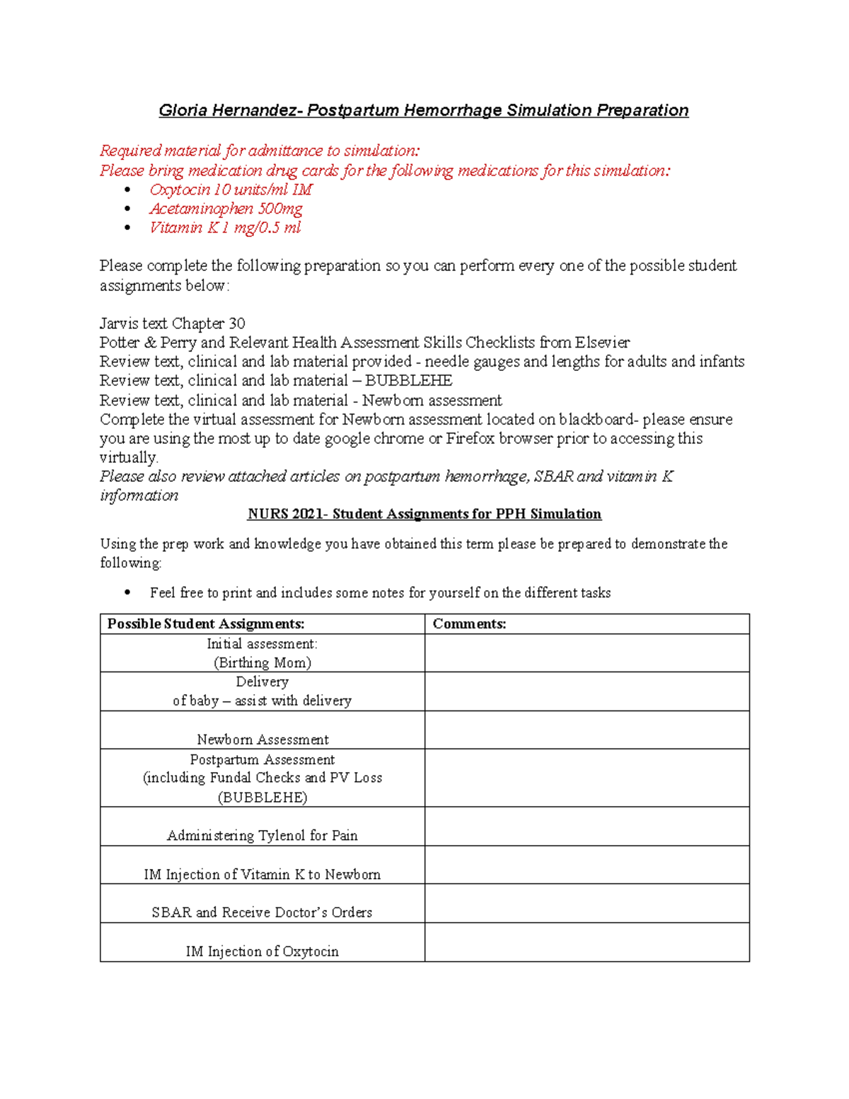 Student prep for PPH simulation - Gloria Hernandez- Postpartum Hemorrhage Simulation Preparation ...
